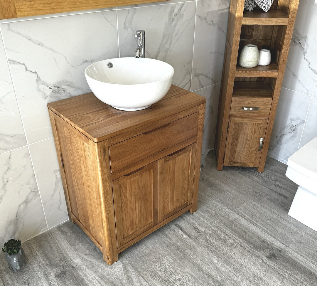Bathroom Oak Vanity Unit Single Oak Sink Cabinet Ceramic Wash Basin Tap ...
