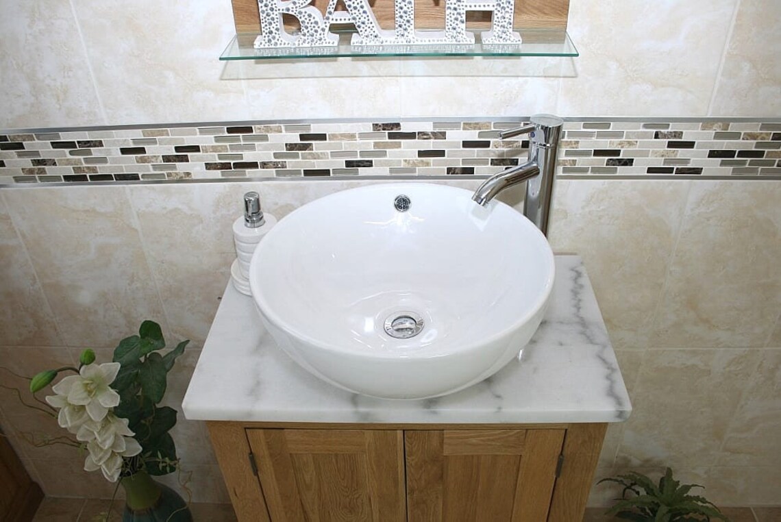 Solid Oak Bathroom Vanity Unit White Marble Top Ceramic - Etsy UK