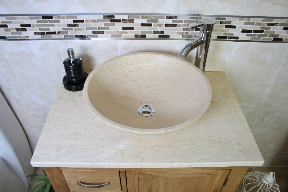 Bathroom Vanity Unit | Solid Oak | Cream Marble Top and Cream Marble ...