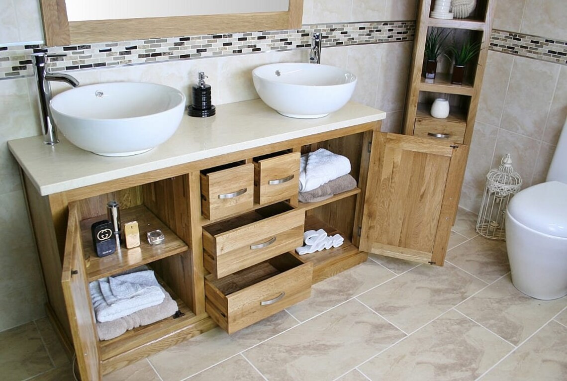 Solid Oak Bathroom Double Vanity Unit Cabinet Cream Marble - Etsy UK