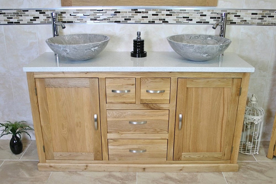 Solid Oak Bathroom Double Vanity Unit Cabinet White Quartz Marble Basin ...