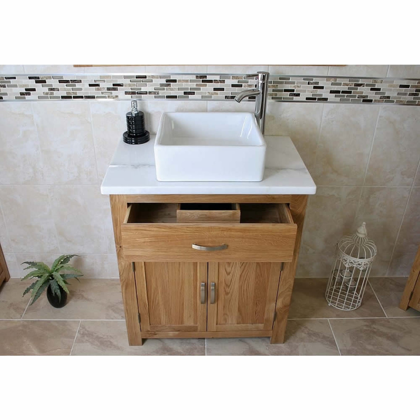 Bathroom Vanity Unit | Solid Oak | With White Marble Top & Ceramic ...