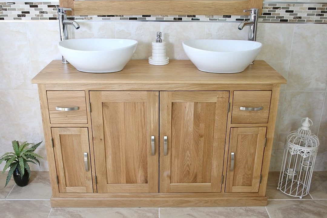 Oak Bathroom Vanity Unit 123cm Wide With a Solid Oak Top & Ceramic ...