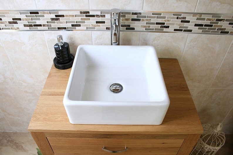 Bathroom Oak Vanity Unit | Single Oak Sink Cabinet | Ceramic Wash Basin ...