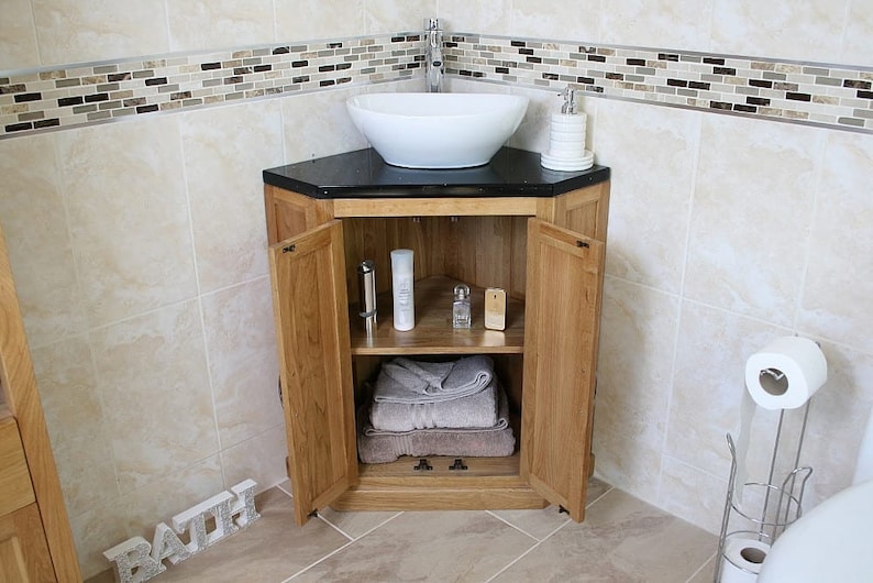 Bathroom Vanity Unit Oak Corner Wash Stand Black Quartz & - Etsy UK