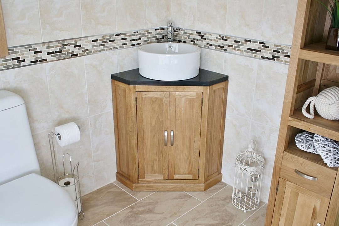 Bathroom Vanity Unit Oak Corner Wash Stand Black Quartz & Ceramic Basin ...