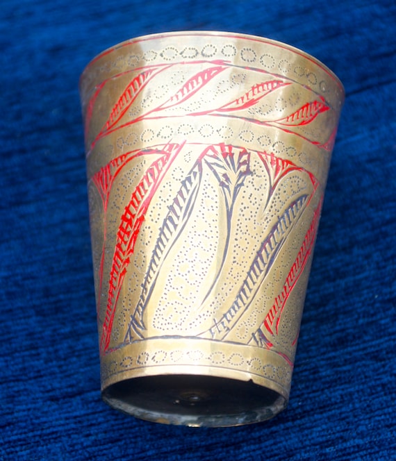 Antique Brass Lassi Cup Hand Made Engraved Floral Design Red & | Etsy