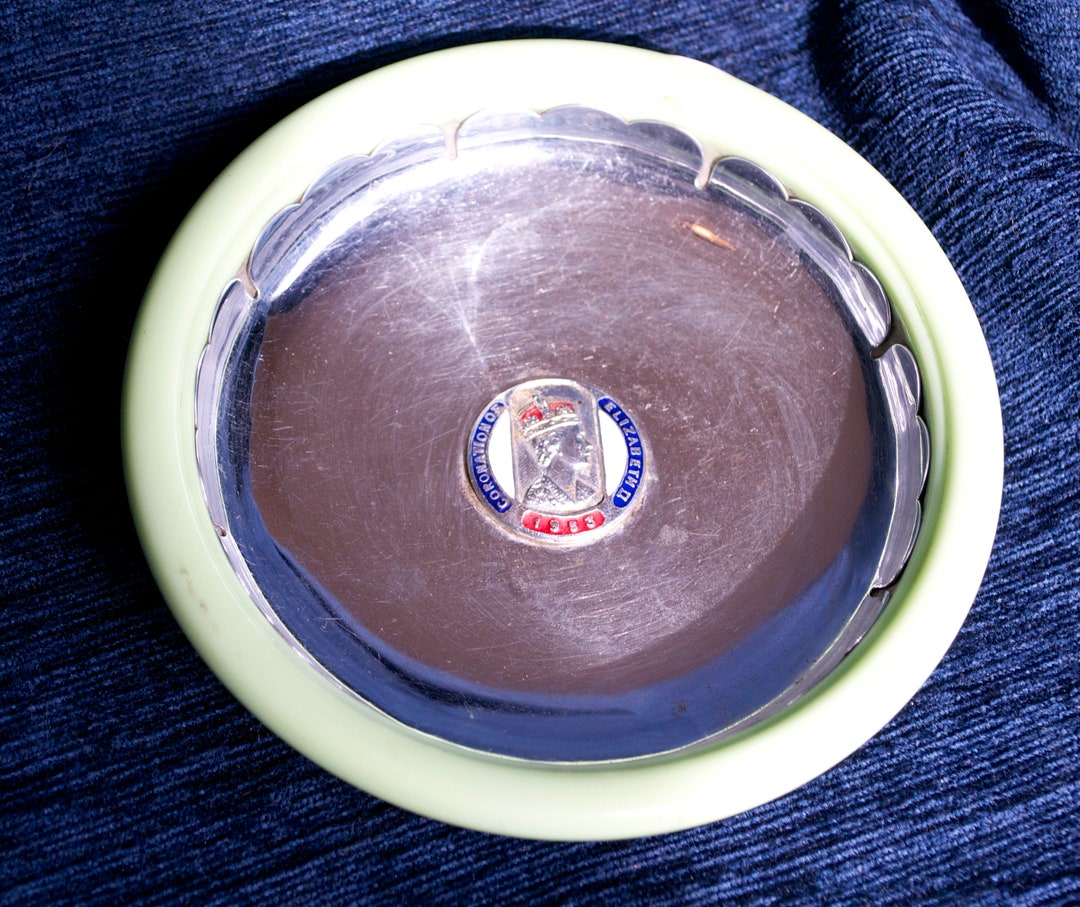 Vintage Coronation Souvenir Pin Dish Green Melamine With Stainless ...