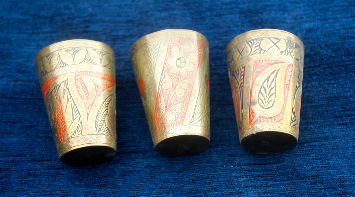 Antique Brass Lassi Cup Hand Made Engraved Floral Design Red & Black ...