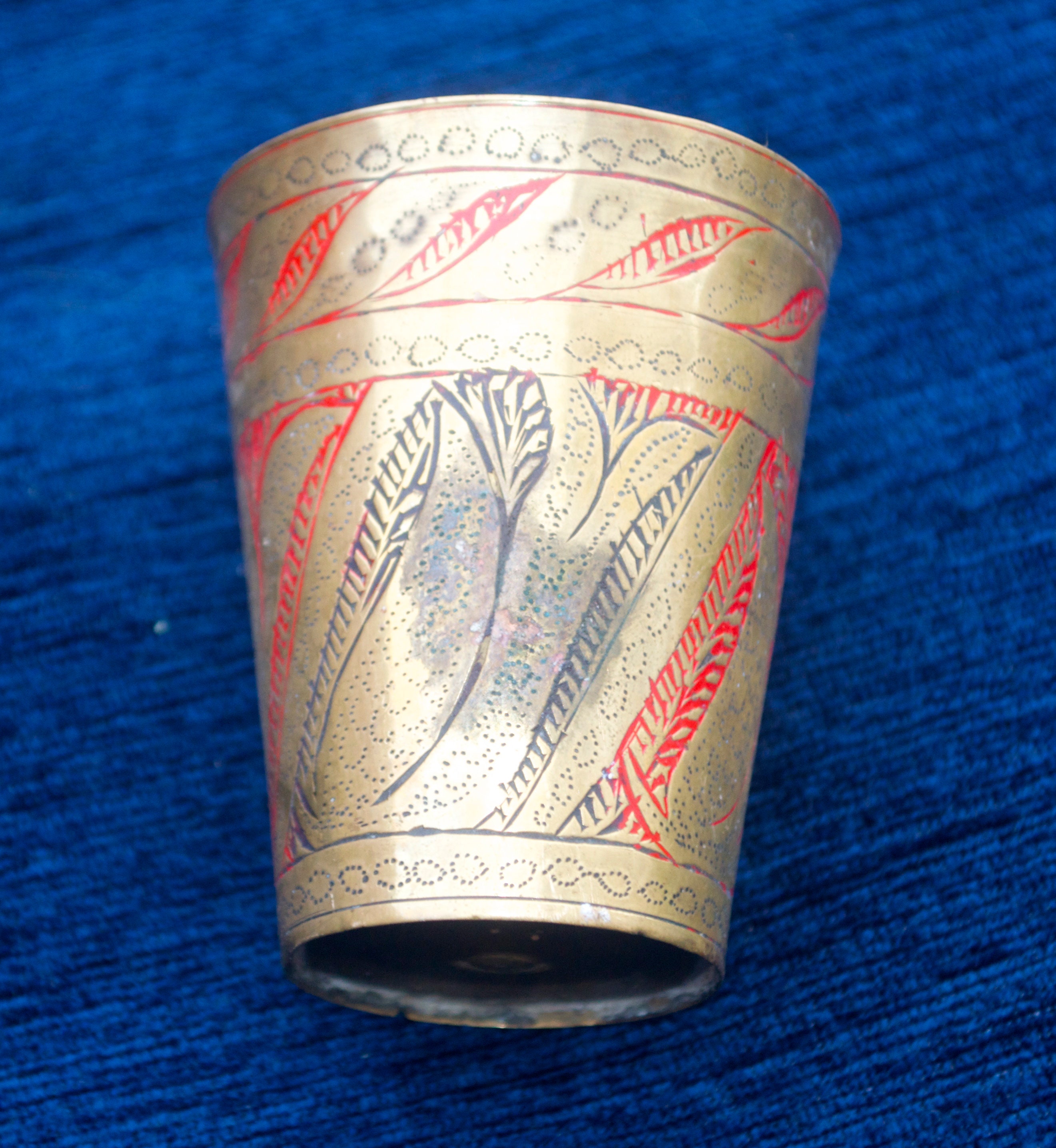 Antique Brass Lassi Cup Hand Made Engraved Floral Design Red & Black ...
