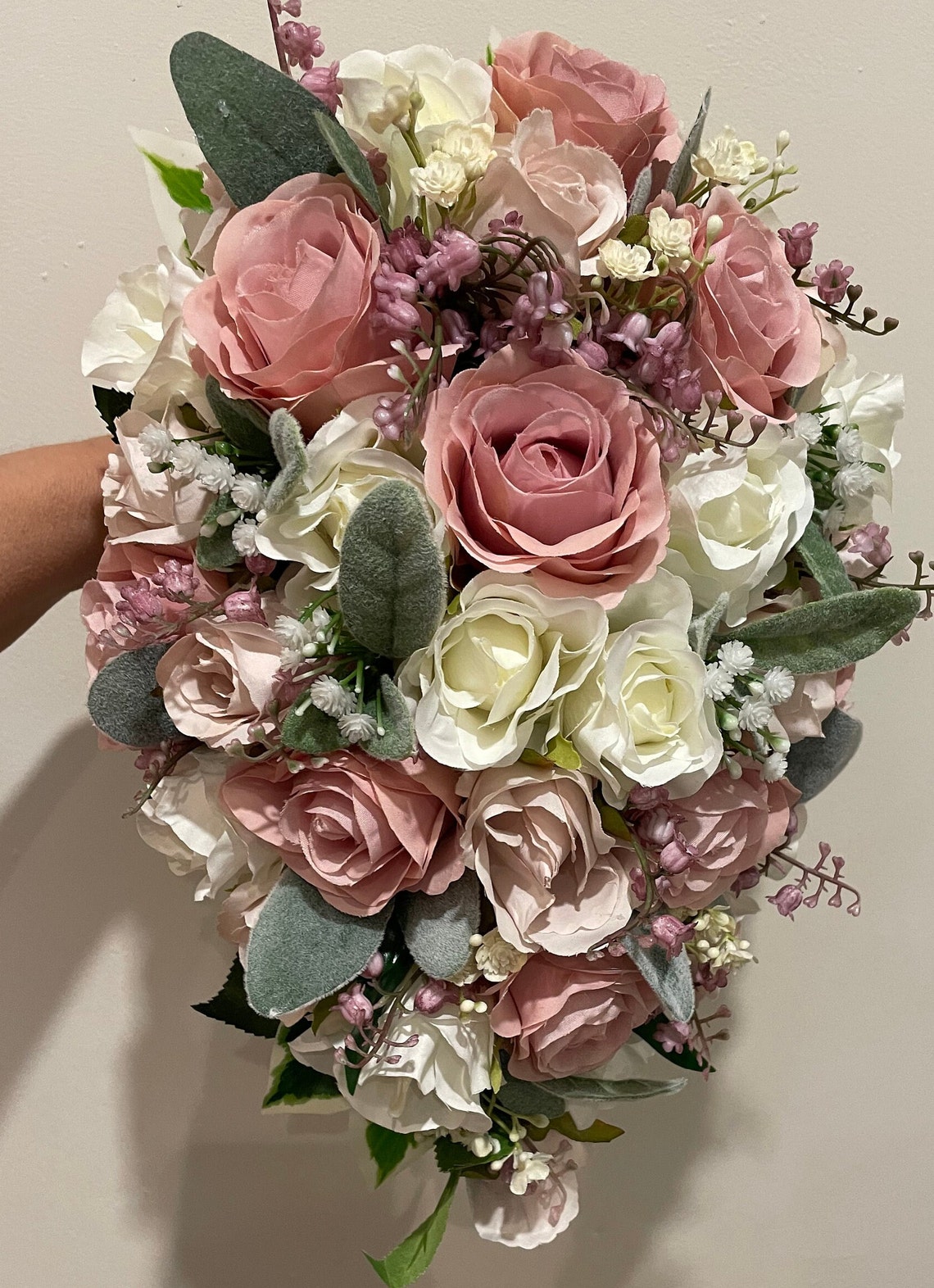 Dusky Pinks & Ivory Roses With Foliage Artificial Teardrop Bouquet - Etsy