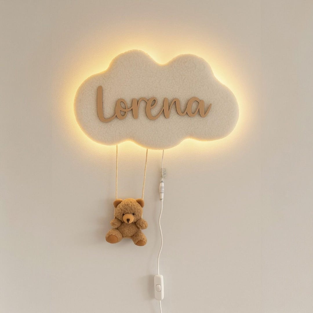 Personalised Nursery Wall Light - Main's Powered Led's - Boucle Cloud ...