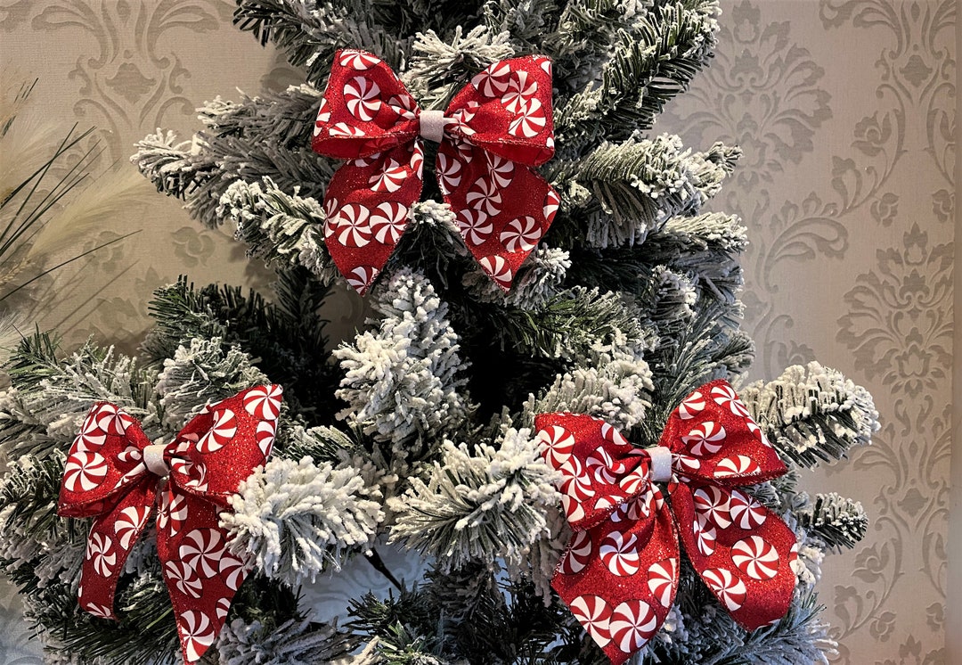Christmas Tree Bows 5.5 Inches. Luxury Red Glitter With Candy Wired ...