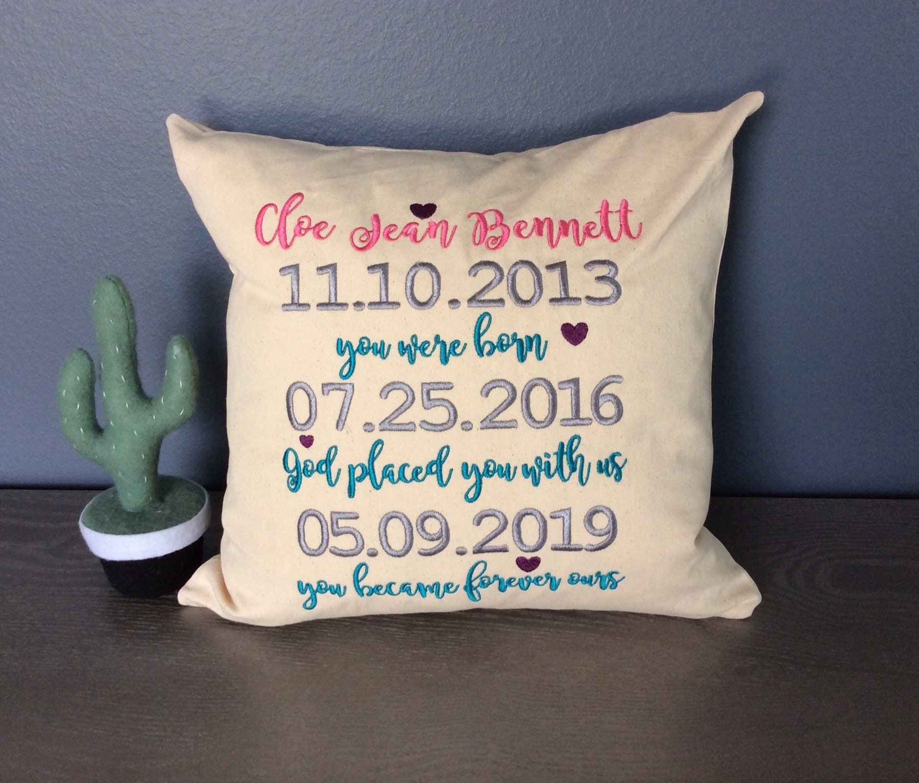 Adoption Pillow Personalized Embroidered Gotcha Day Pillow Dates You ...