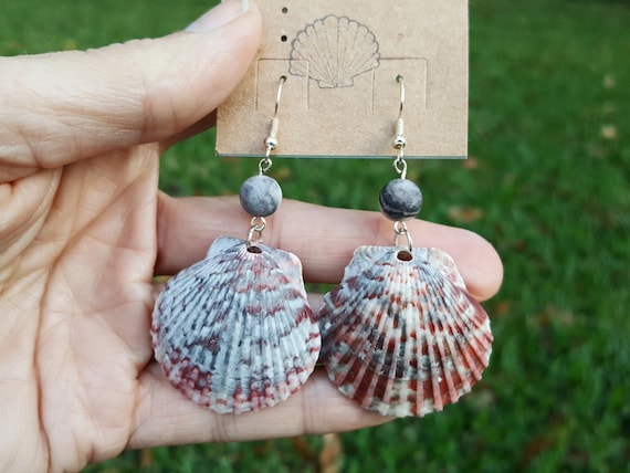 Calico Scallop Shell Earrings Beaded Garnet and Gray With Silver Hardware Florida Seashell Beach Jewelry Includes Domestic Shipping Etsy