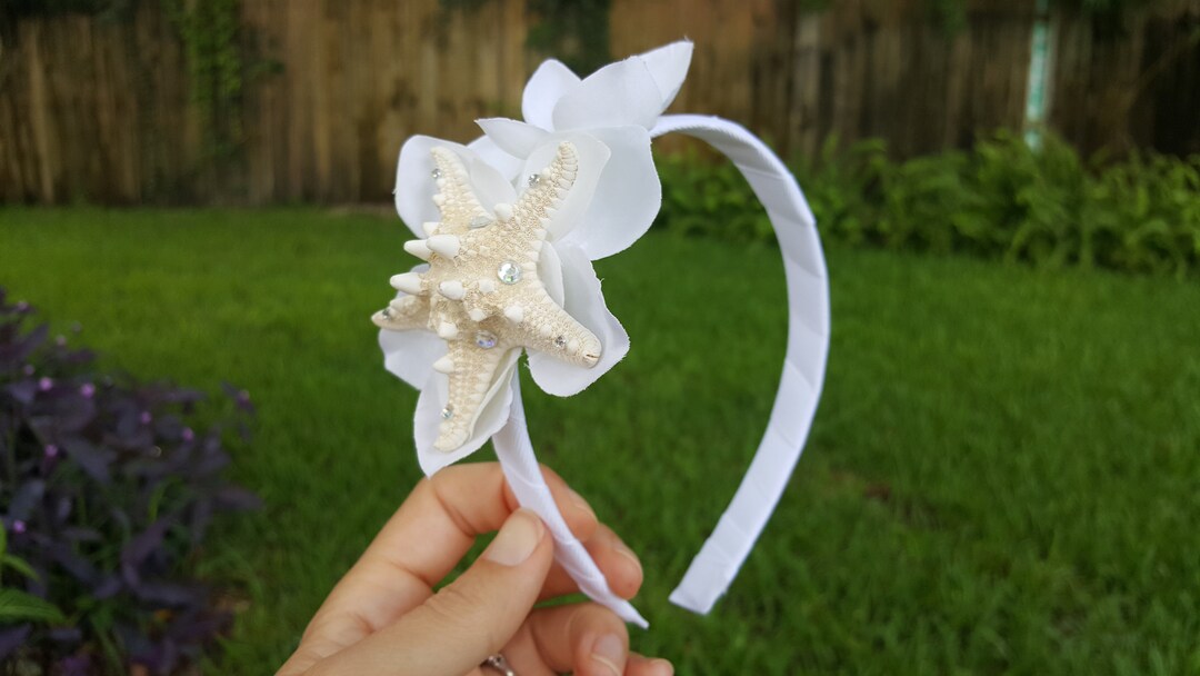 White Bedazzled Star Fish Flower Headband, Mermaid Girl Seashell Flower ...