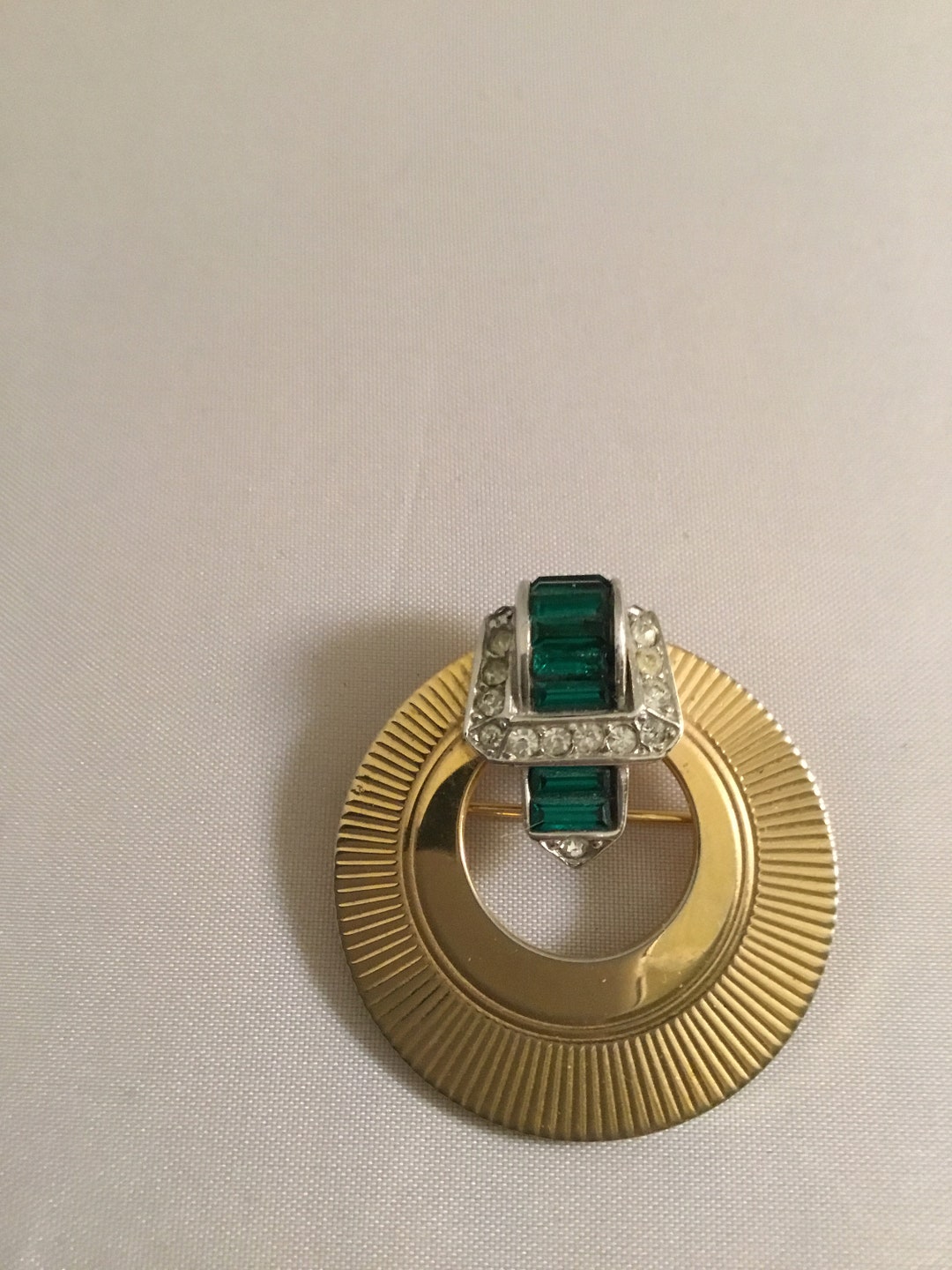 Vintage BOUCHER Gold Tone Belt Buckle Design Deco Circle PIN W/green ...