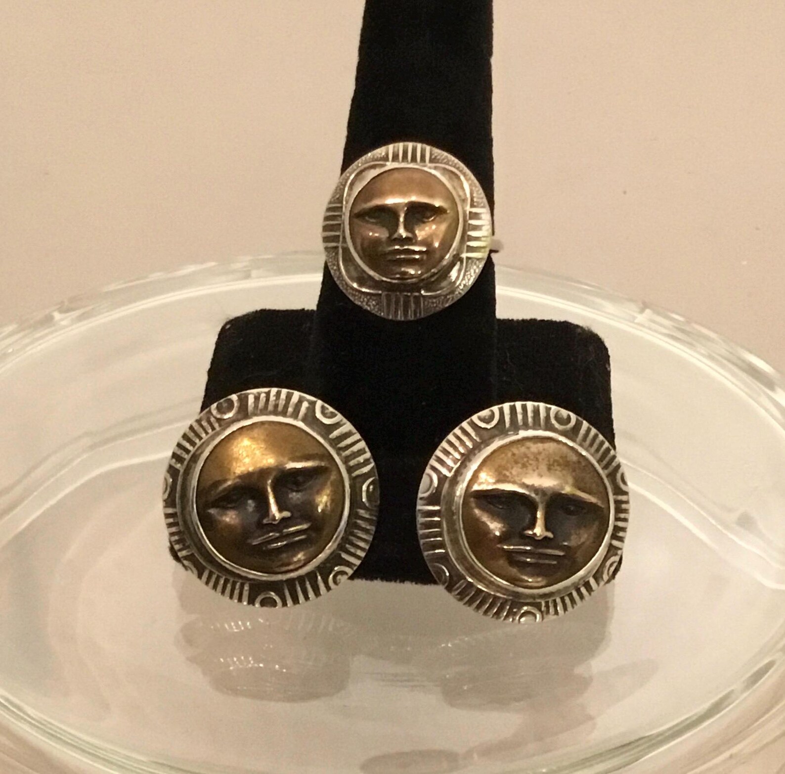 Vintage TABRA Moon Goddess Face Sterling/bronze 14kt Post EARRINGS/RING ...