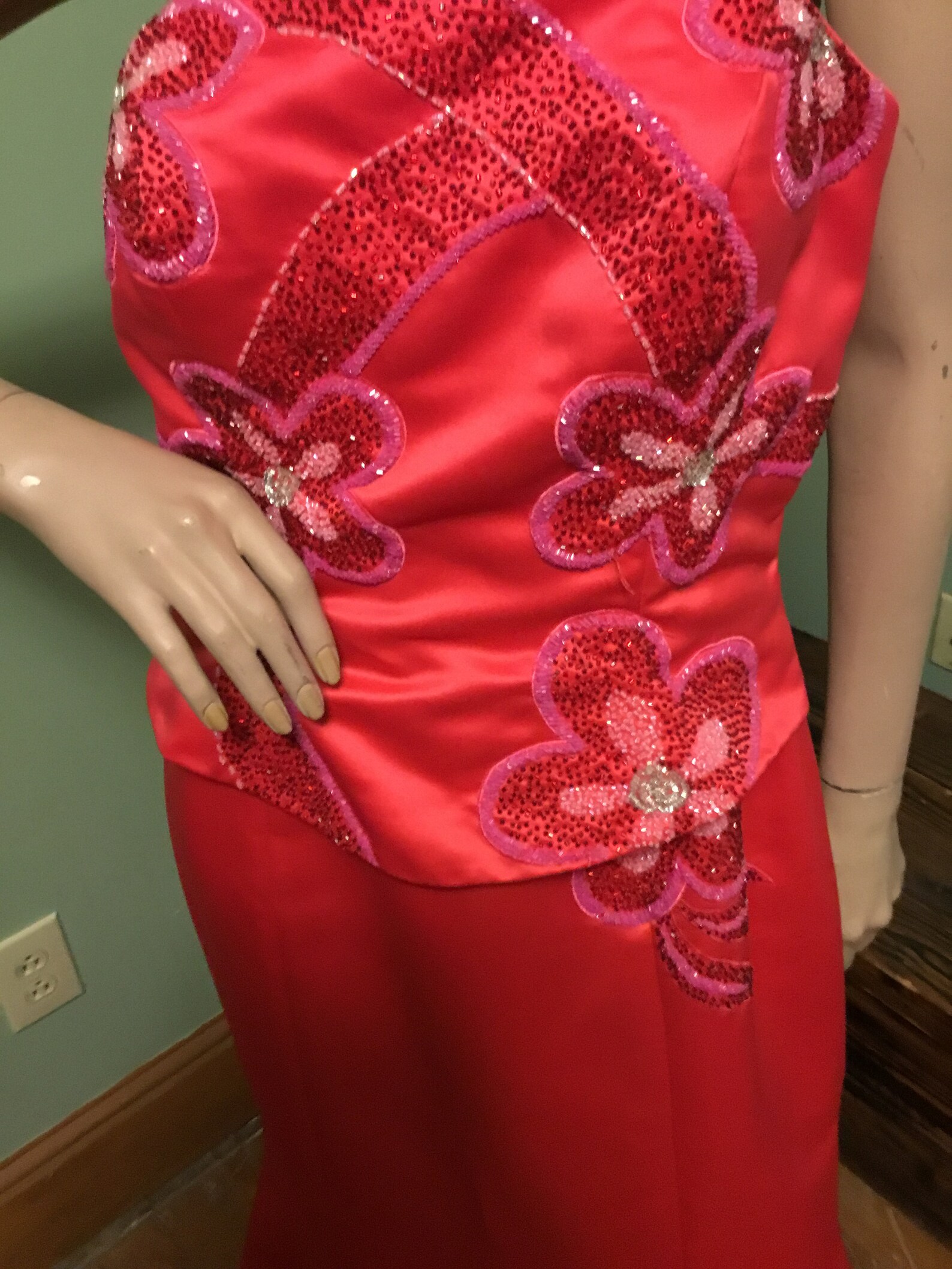 Vintage Mike Benet Formals Coral Mermaid Dress/gown W/red Pink Floral ...