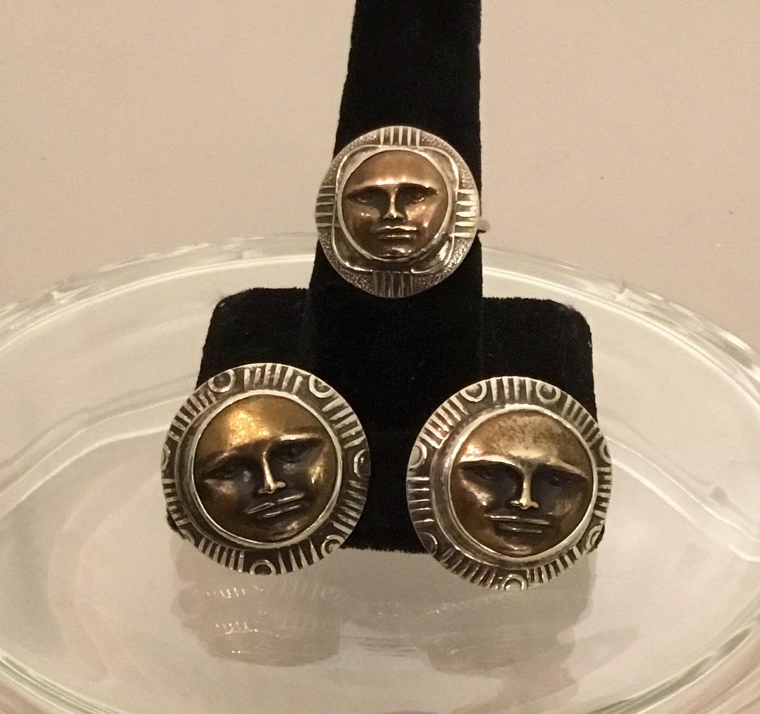 Vintage TABRA Moon Goddess Face Sterling/bronze 14kt Post EARRINGS/RING ...