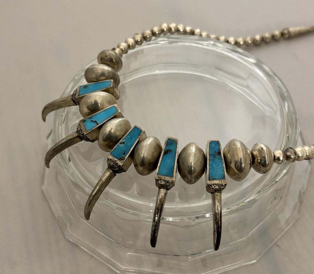Vintage Navajo Sterling Turquoise Bear Claw/bird Talon Bead Necklace 20 ...