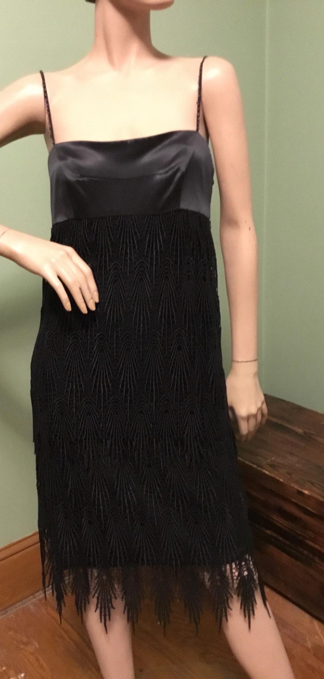 1990s VIVIENNE TAM Black Lace Empire Fringe Slip DRESS Flapper/1920s ...