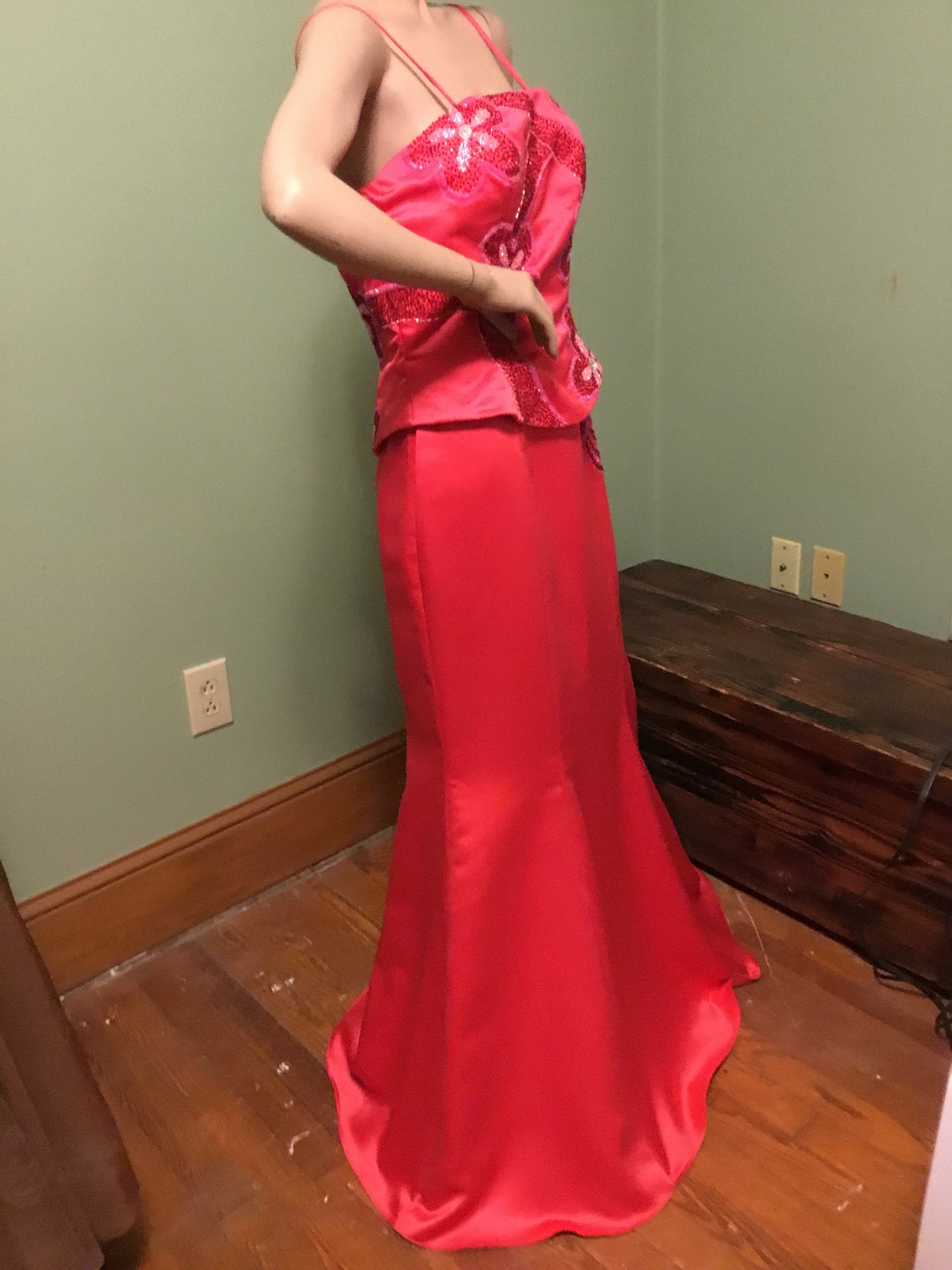 Vintage Mike Benet Formals Coral Mermaid Dress/gown W/red Pink Floral ...