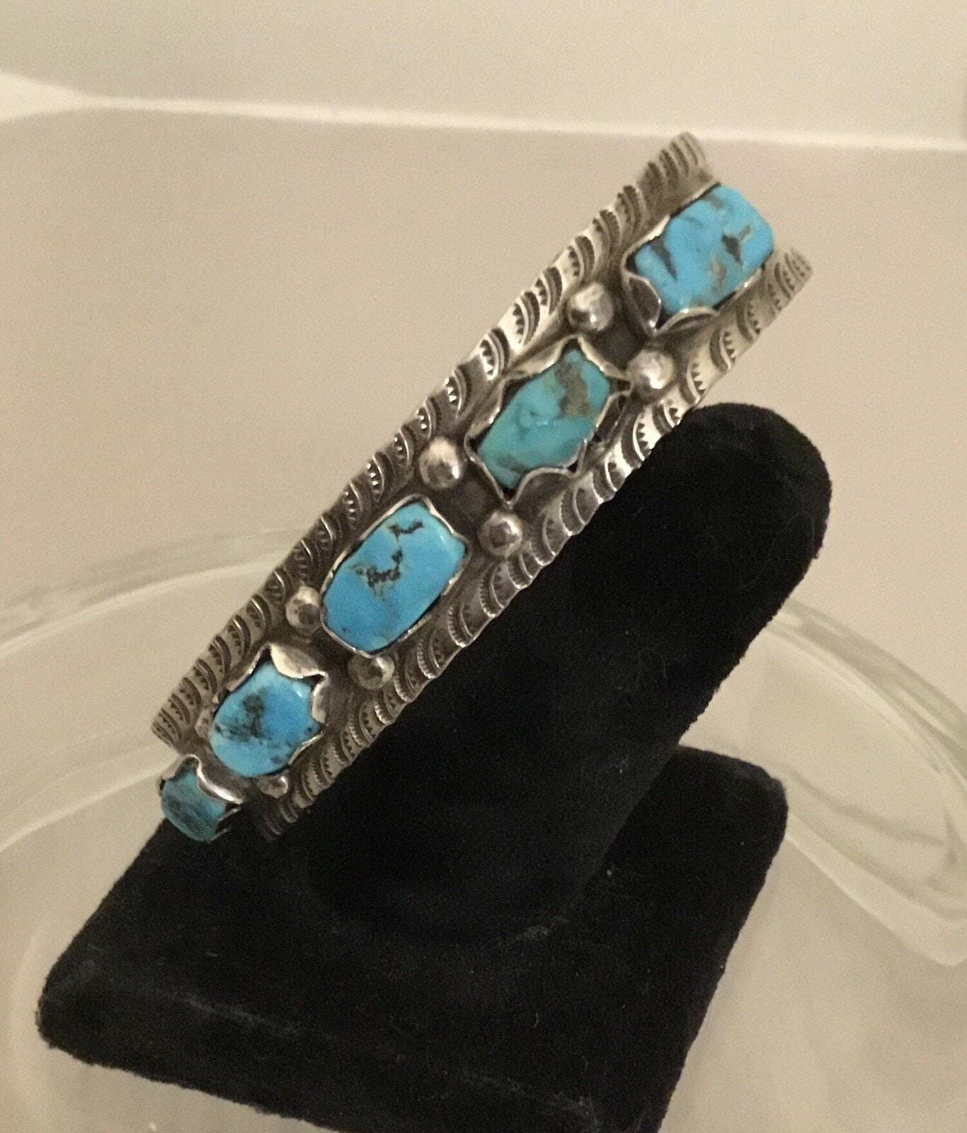 Vintage Navajo Sterling Silver 5 Stone Turquoise Stamped Cuff Bracelet ...