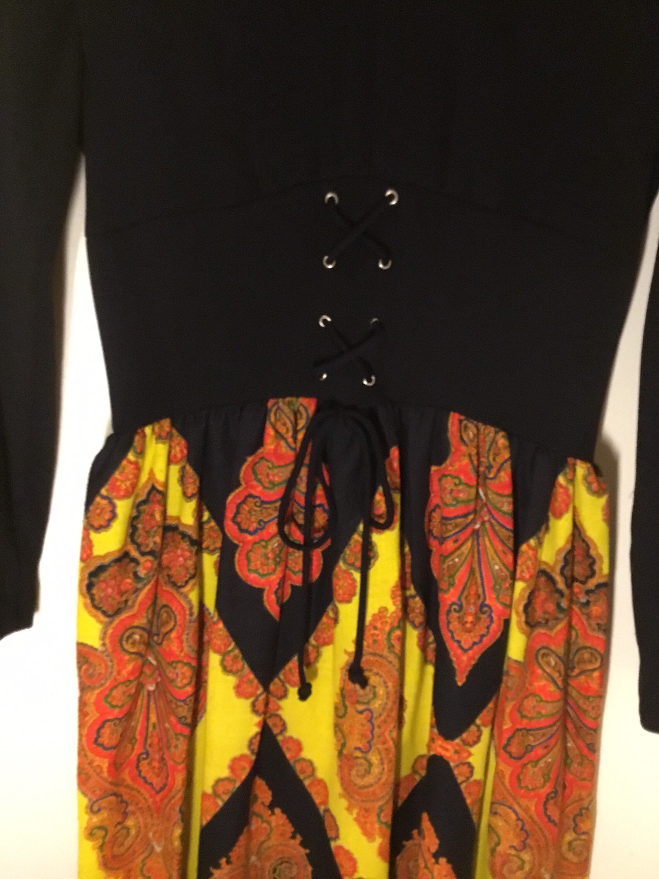 1970s Vintage Domino Corset Tie Lace up Paisley LS Maxi Dress/gown Boho ...
