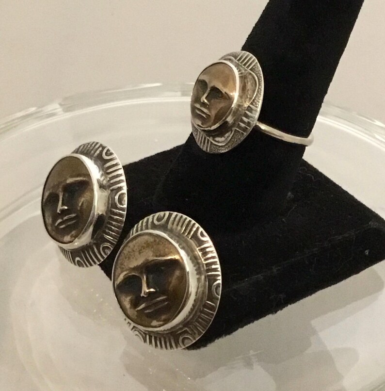 Vintage TABRA Moon Goddess Face Sterling/bronze 14kt Post EARRINGS/RING ...