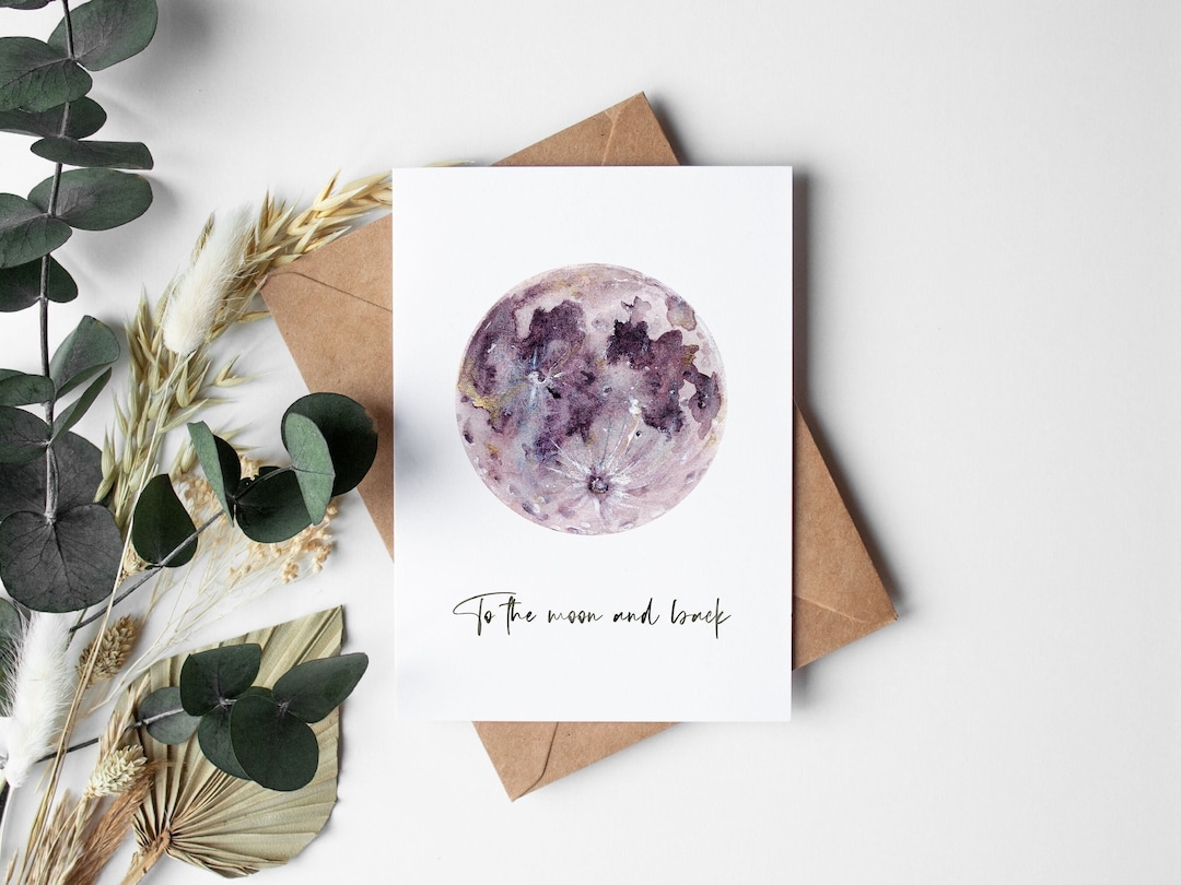 To the Moon and Back Card | Moon Card | Watercolor Moon Card | I Love ...