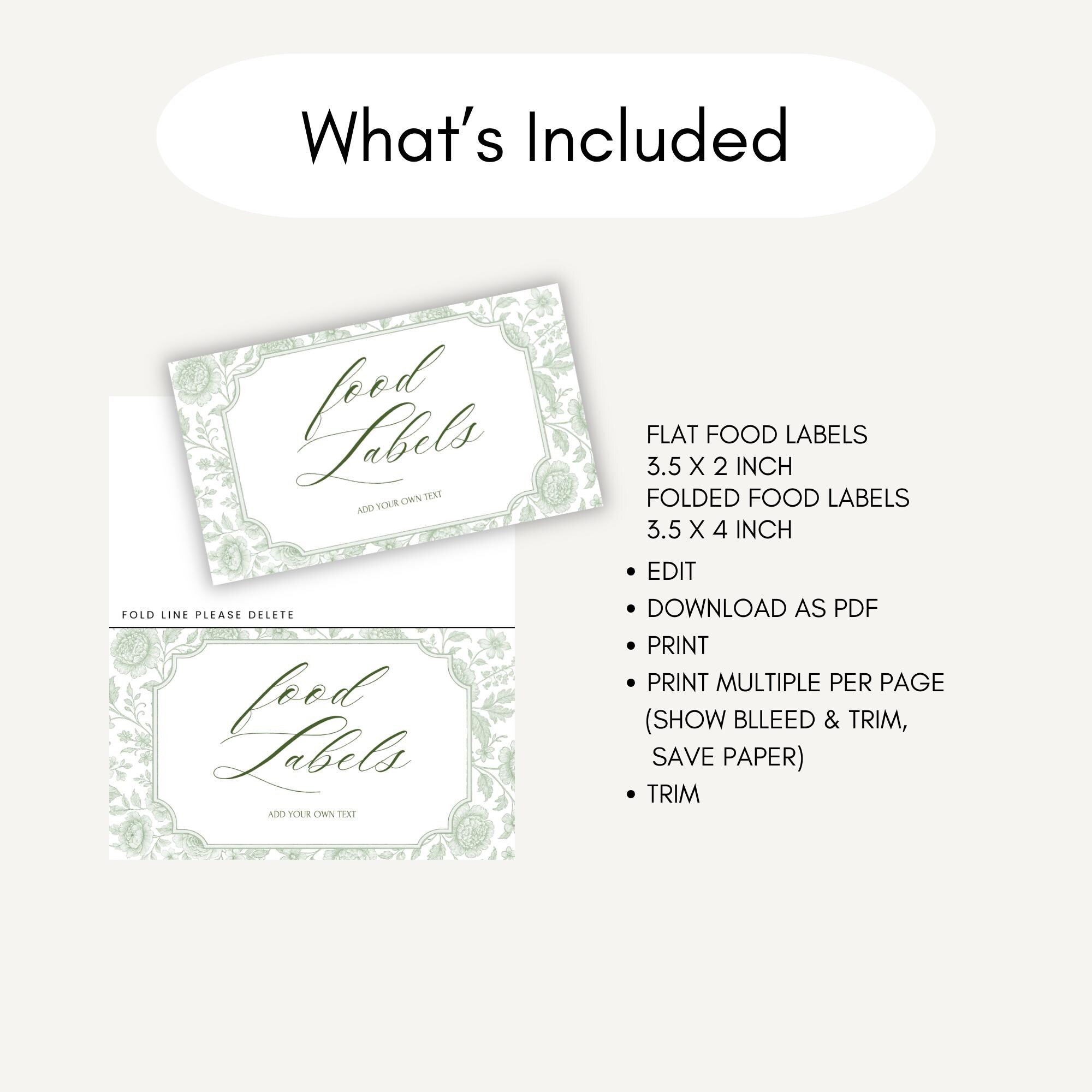 Green Toile Du Jouy Food Labels, Sage Buffet Card, Editable Event ...