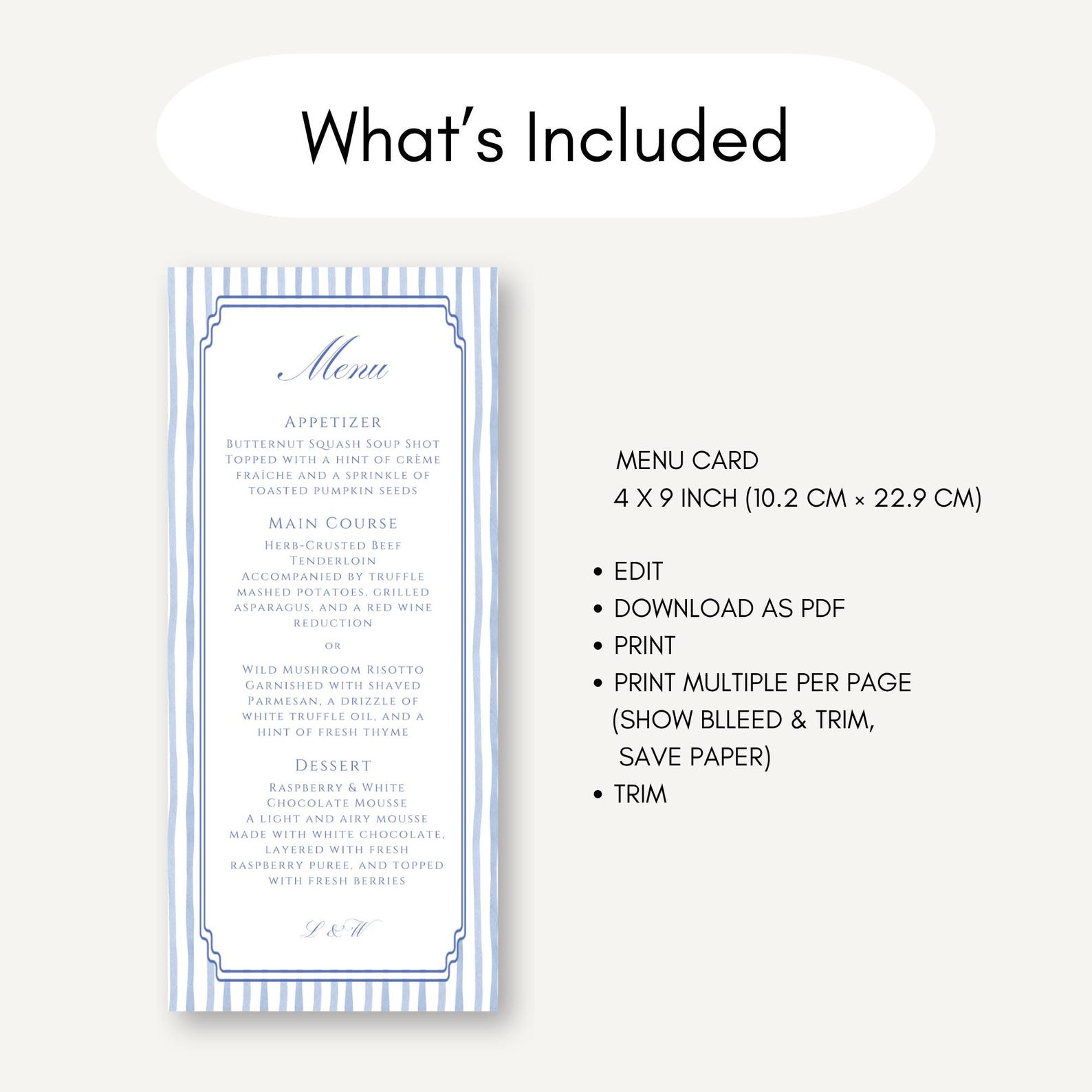 Blue Stripe Menu Card, Editable Coastal Wedding Template, Summer Garden ...