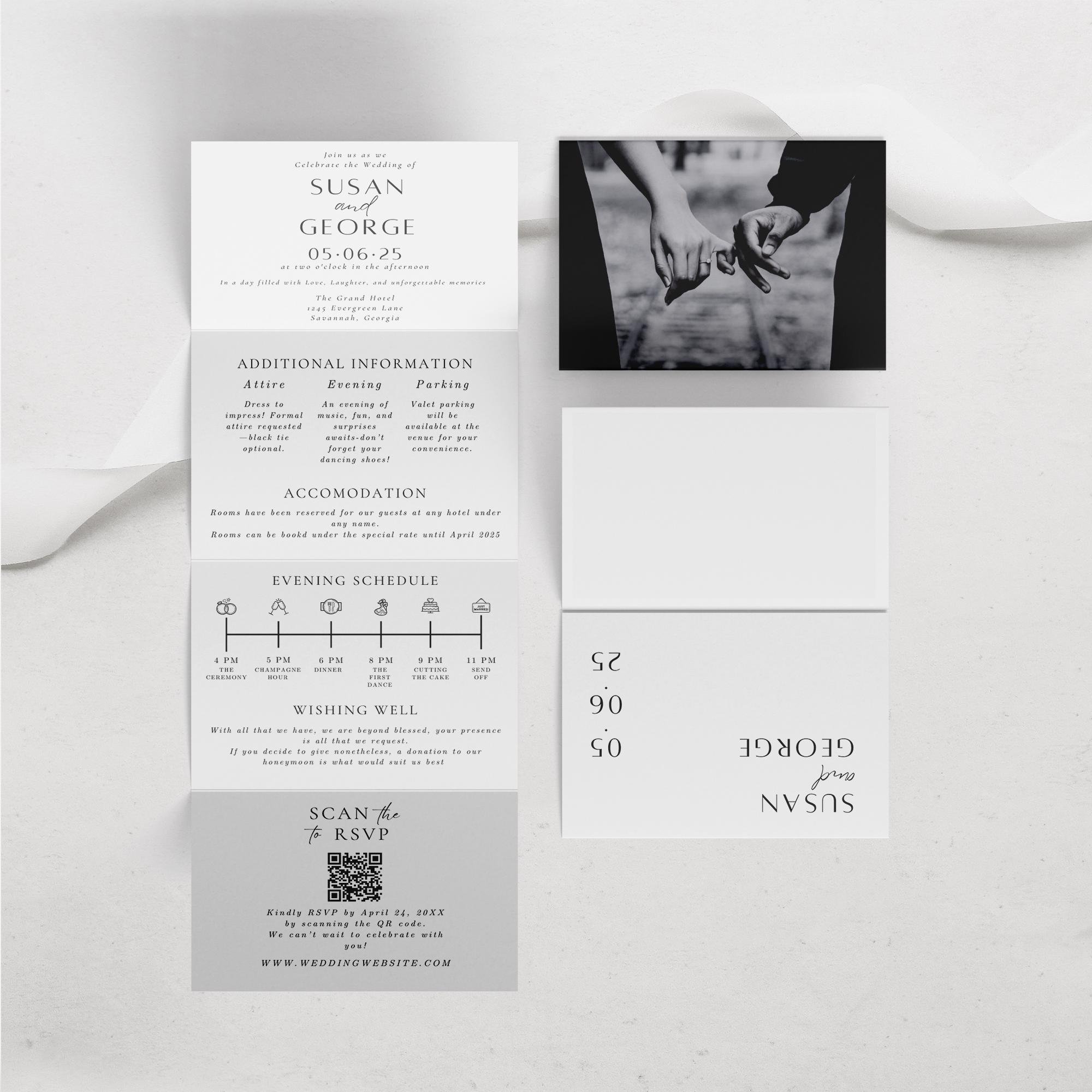 Concertina Photo Wedding Invitation, Minimal Four Fold Invite, Modern ...