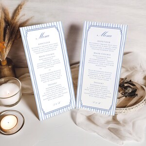 Blue Stripe Menu Card, Editable Coastal Wedding Template, Summer Garden ...