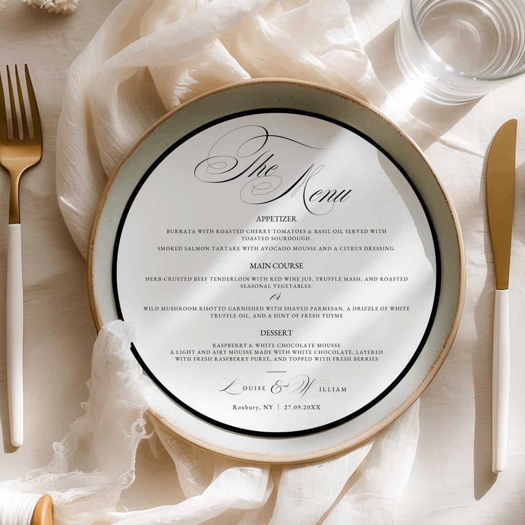 Round Menu Card, Old Money Dinner Template, Black Frame Wedding, Circle ...
