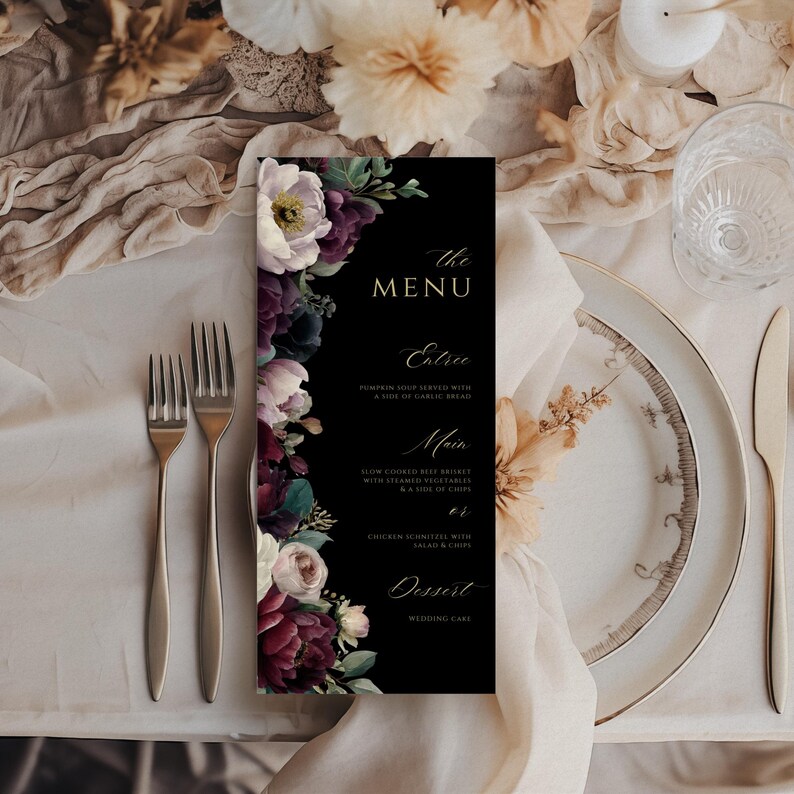 Dark Moody Floral Menu Card, Editable Wedding Template, Printable ...