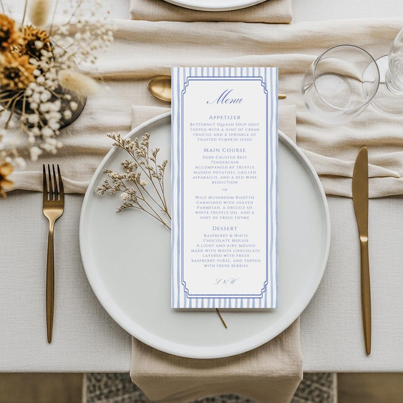 Blue Stripe Menu Card, Editable Coastal Wedding Template, Summer Garden ...