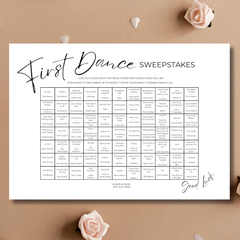 Wedding First Dance Sweepstake Game, Fun Unique Reception Activity ...