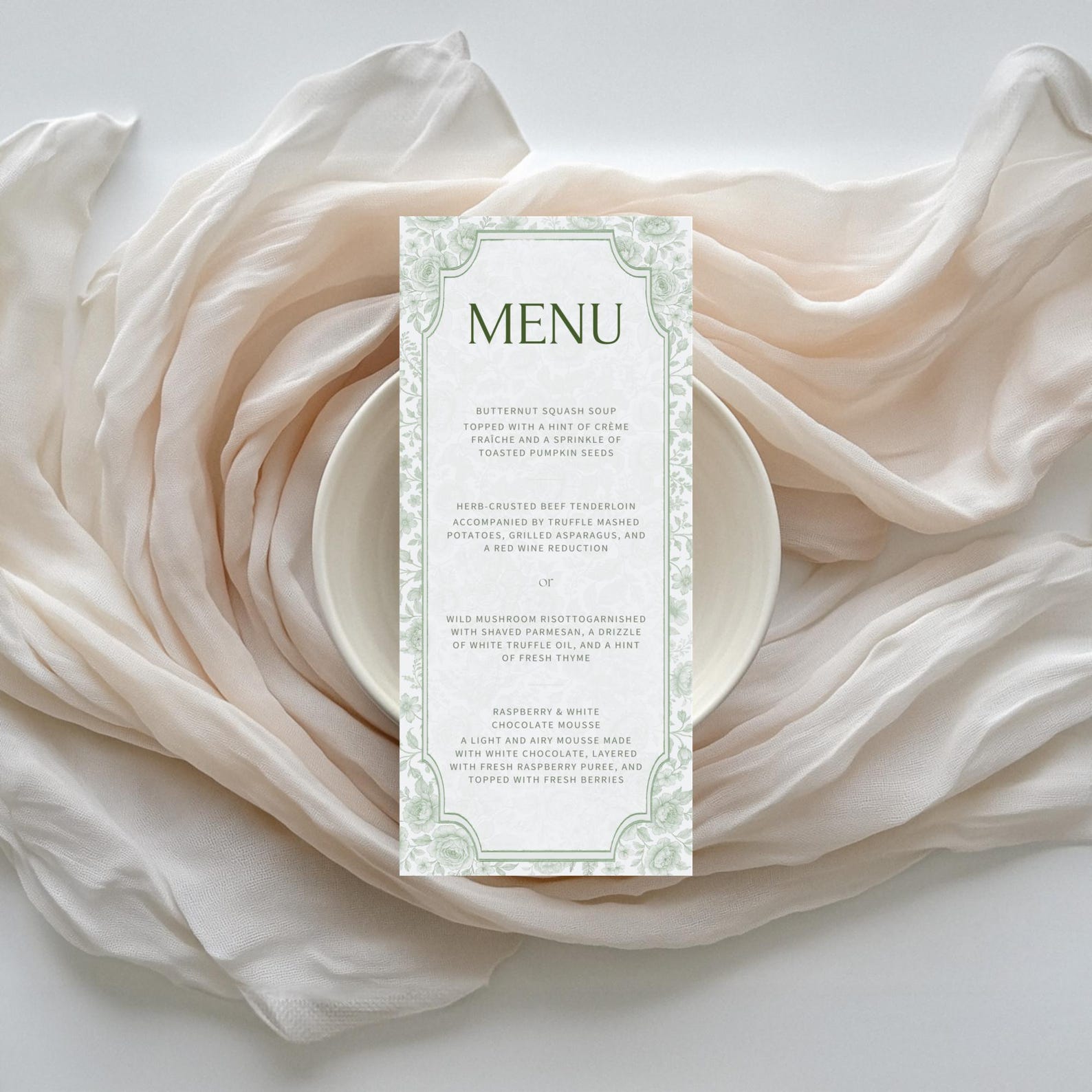 Green Toile Menu Card Template, Vintage Floral Wedding Dinner Card ...