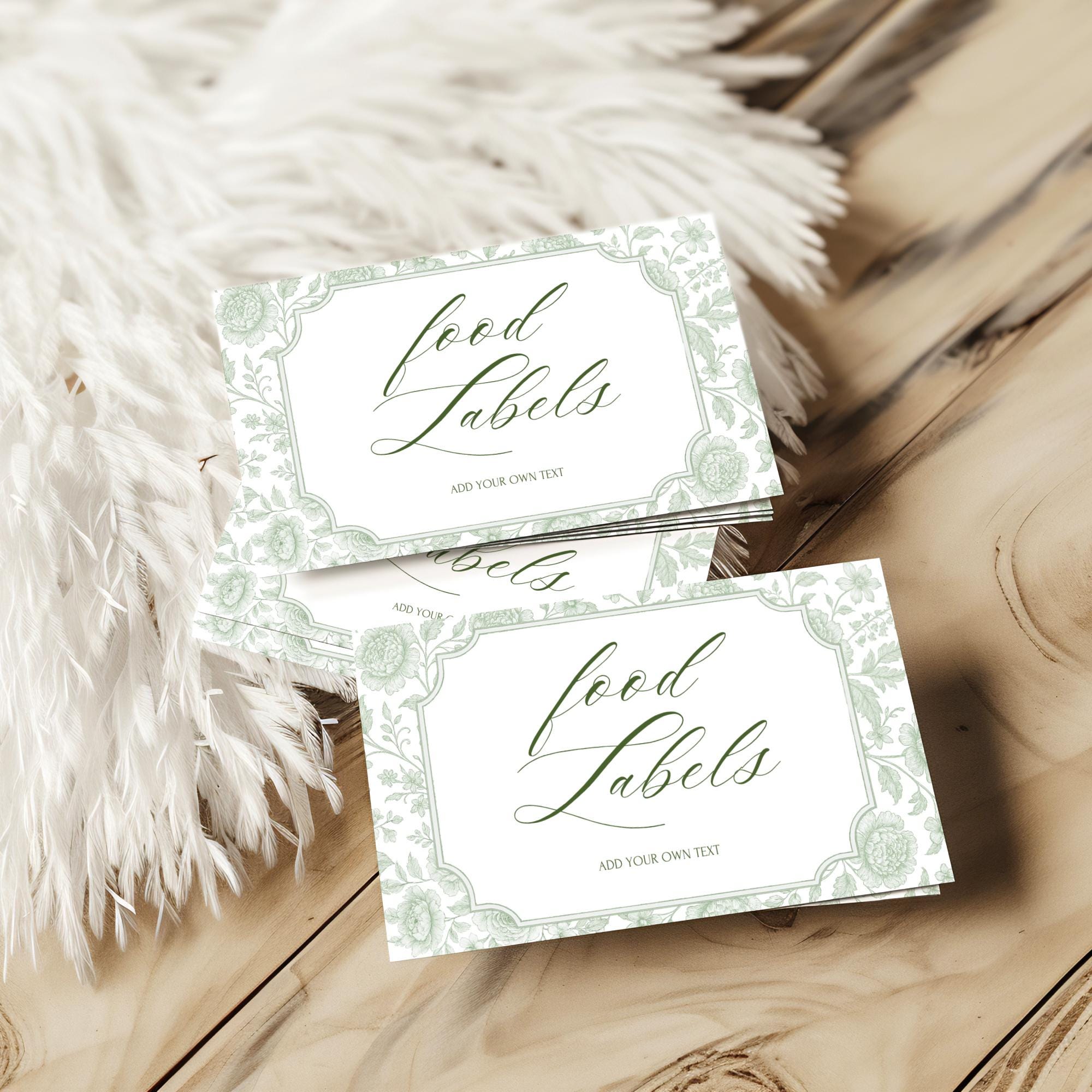Green Toile Du Jouy Food Labels, Sage Buffet Card, Editable Event ...