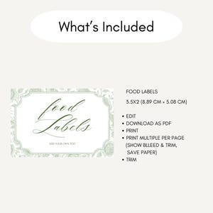 Sage Green Toile Food Labels, Edit Buffet Cards, Place Cards for ...