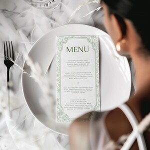 Green Toile Menu Card Template, Vintage Floral Wedding Dinner Card ...