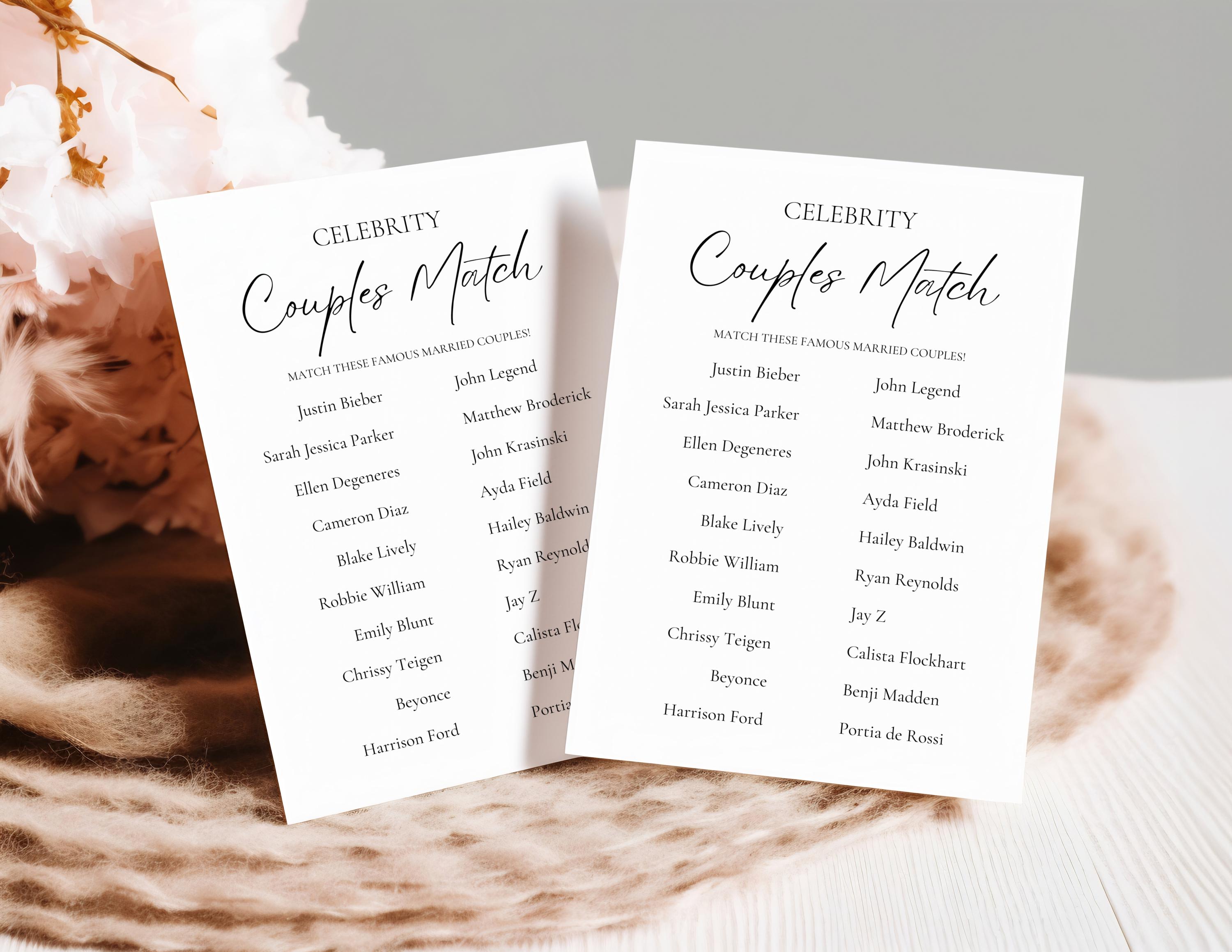 Celebrity Couples Match Game, Fun Bridal Wedding Shower Template ...