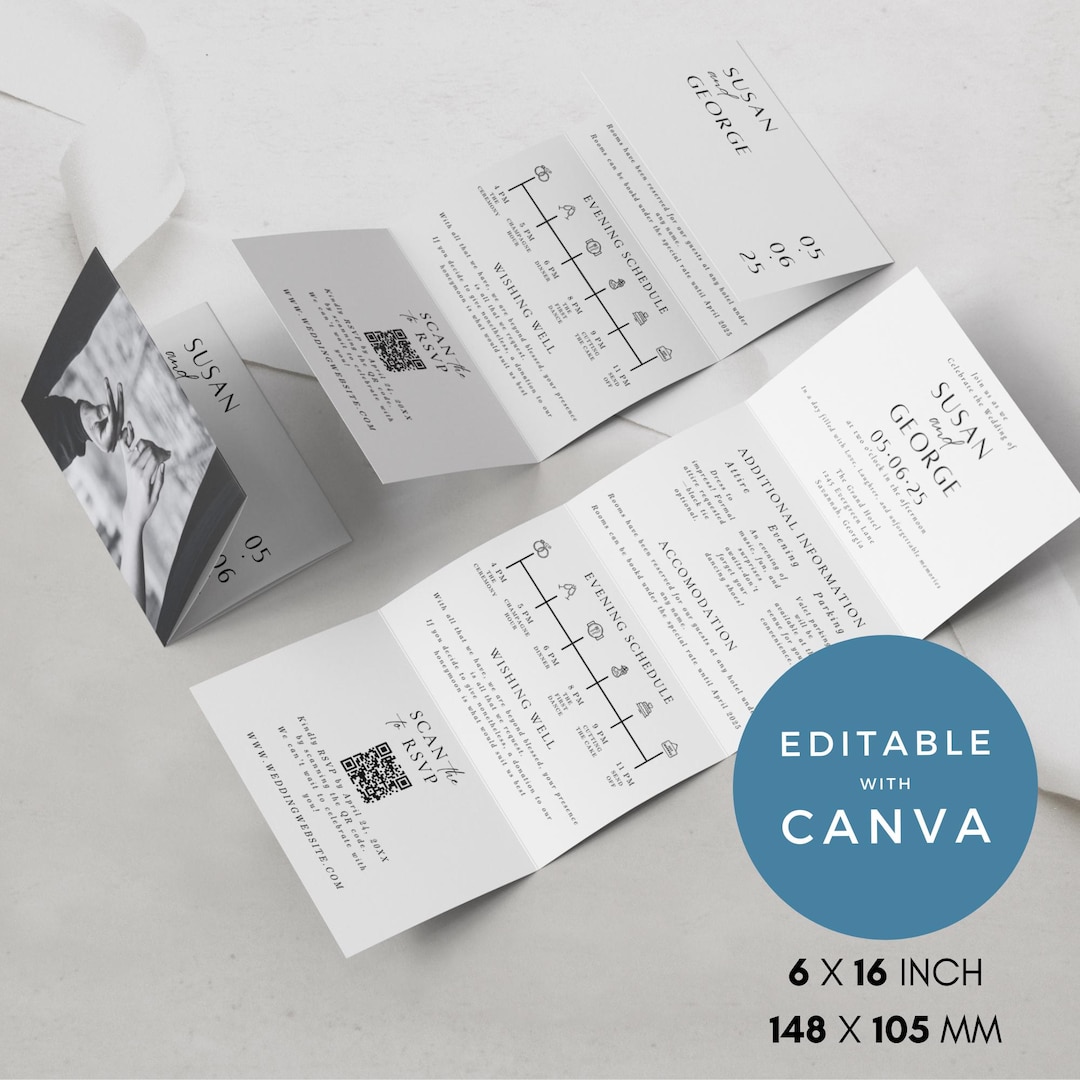 Concertina Photo Wedding Invitation, Minimal Four Fold Invite, Modern ...