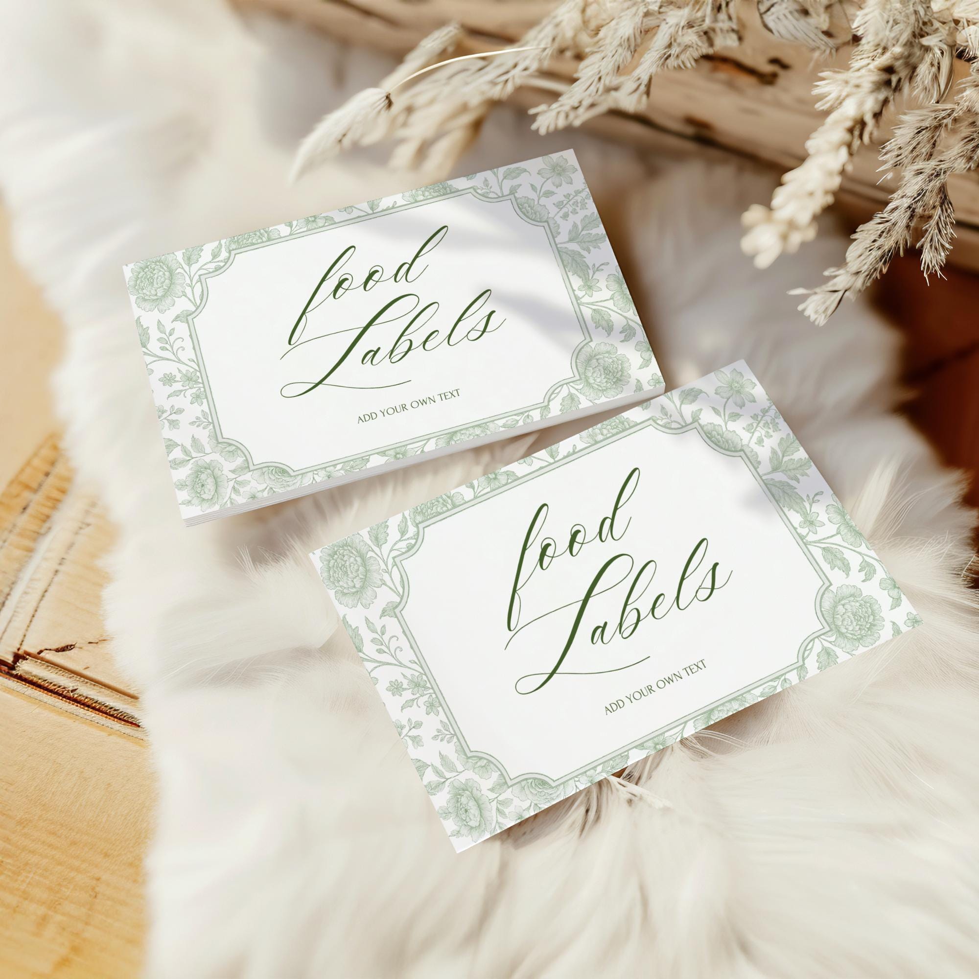Green Toile Du Jouy Food Labels, Sage Buffet Card, Editable Event ...