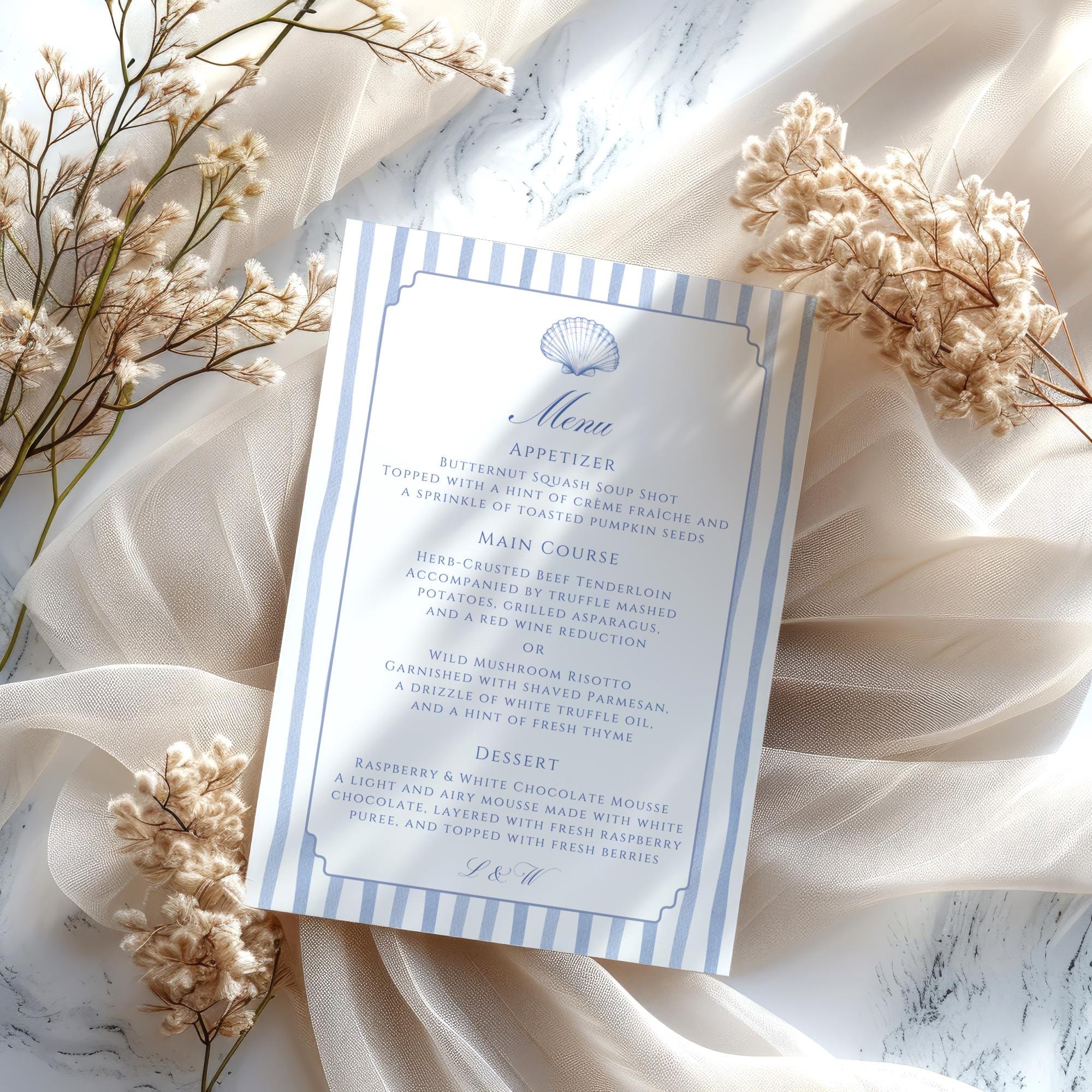 Blue Seashell Stripe Menu Template, Elegant Beach Wedding Card, Coastal ...
