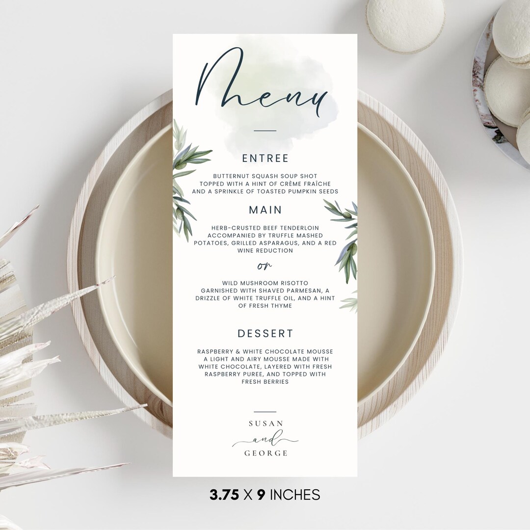 Printable Olive Branch Wedding Menu Card, Sage Greenery Watercolor ...