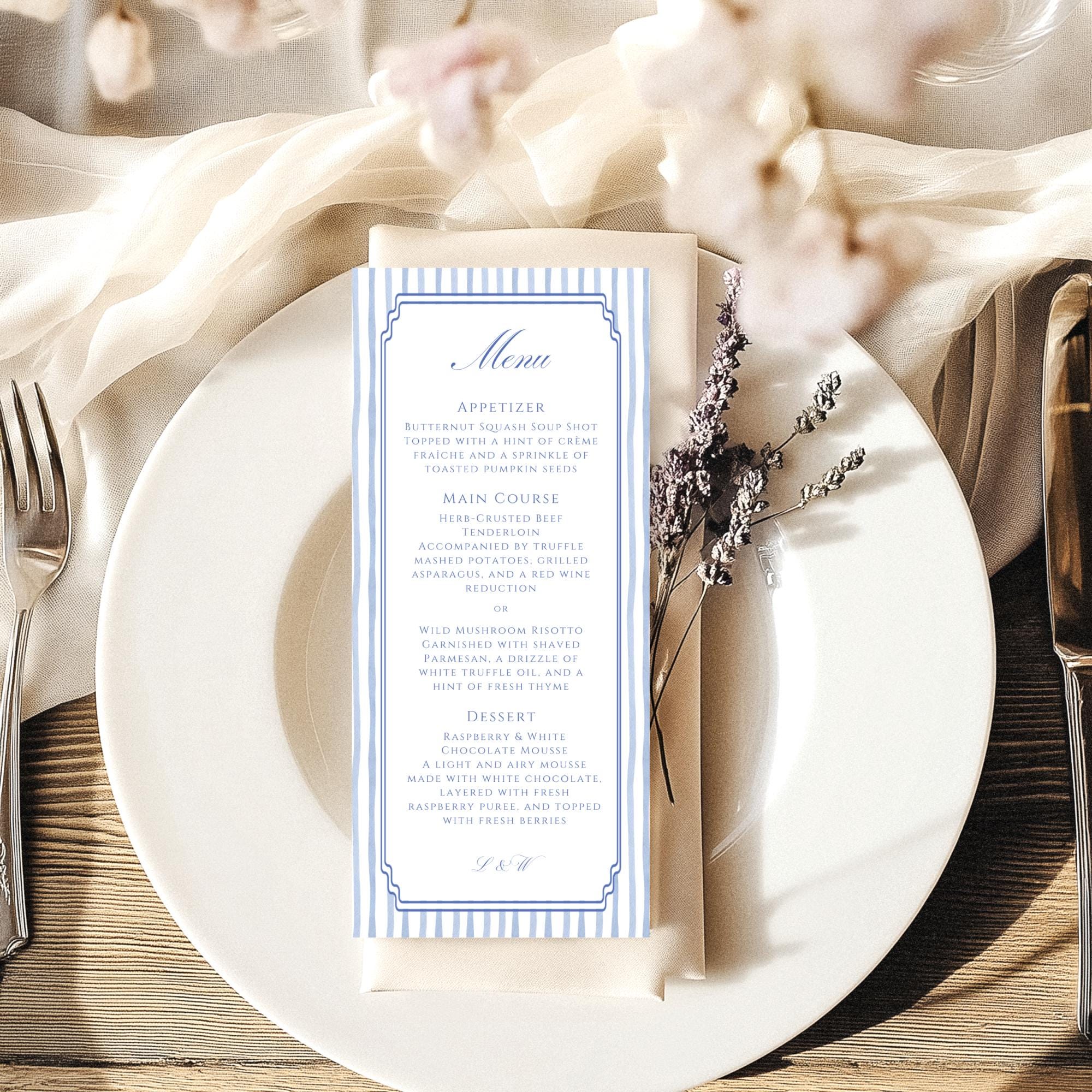 Blue Stripe Menu Card, Editable Coastal Wedding Template, Summer Garden ...