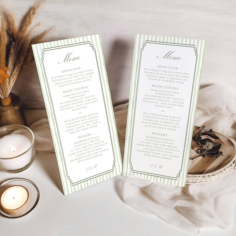 Green Stripe Menu Card, Editable Summer Wedding Template, Elegant ...